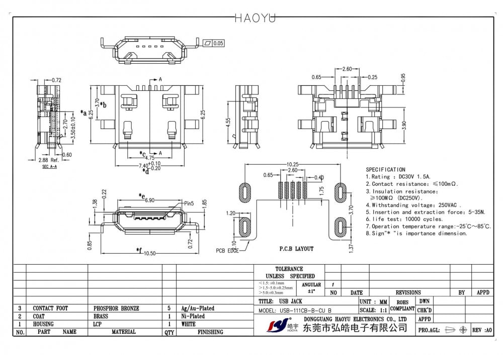 HOOYA USB-111CB-B-CU B USB jack technical drawing