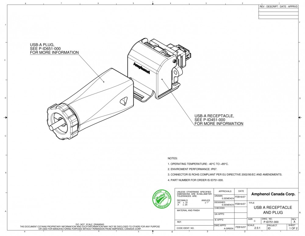 Amphenol ID751000 USB-A plug and receptacle drawing, page 1
