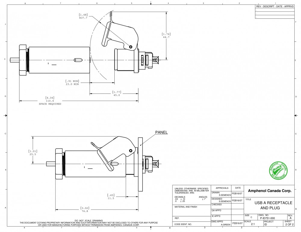 Amphenol ID751000 USB-A plug and receptacle drawing, page 2