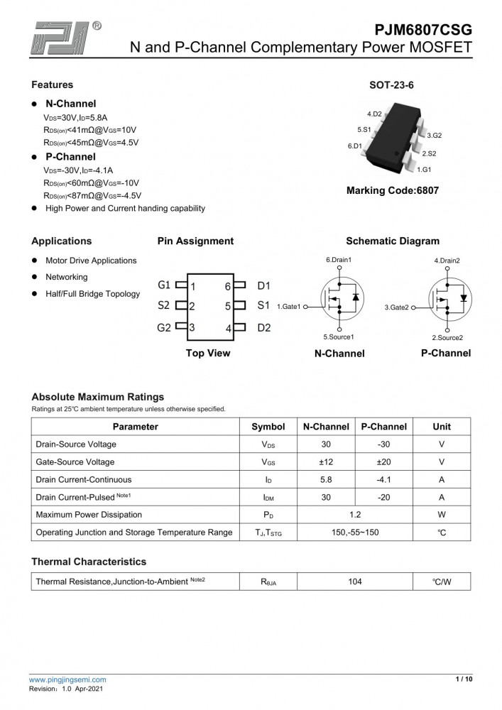 PJM6807CSG datasheet page 1