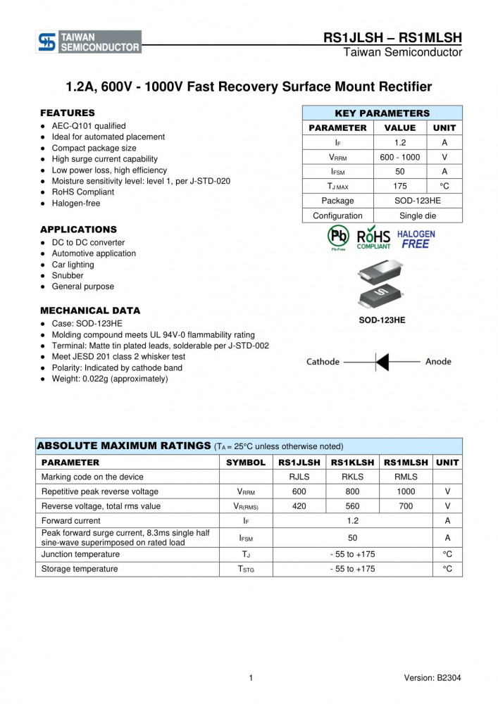 RS1JLSH datasheet page 1
