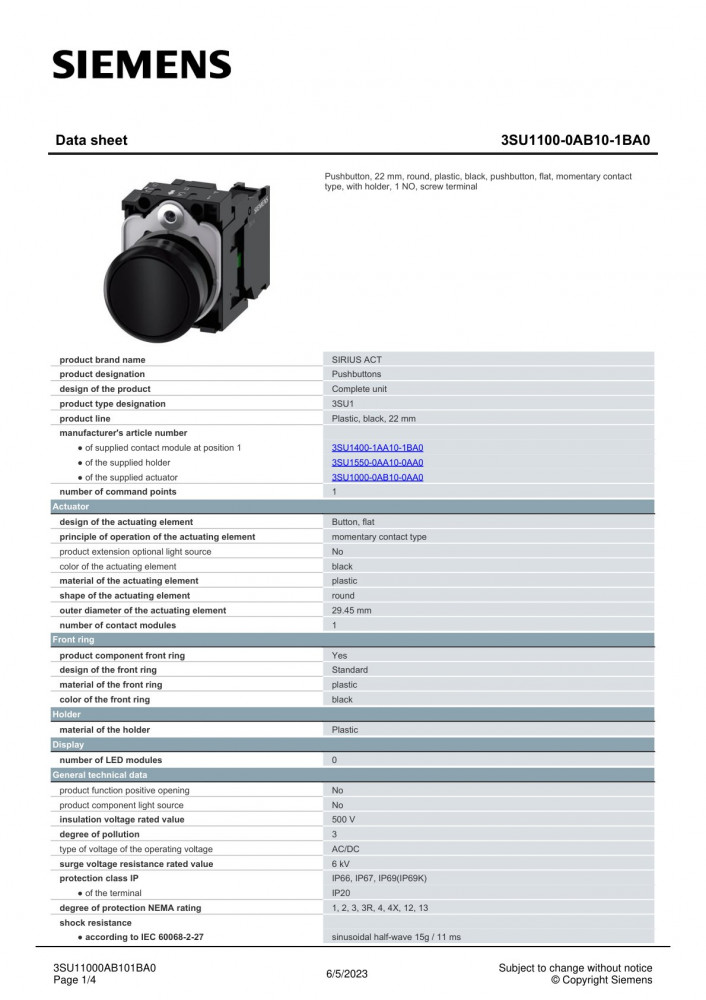 SIEMENS 3SU11000AB101BA0 datasheet page 1