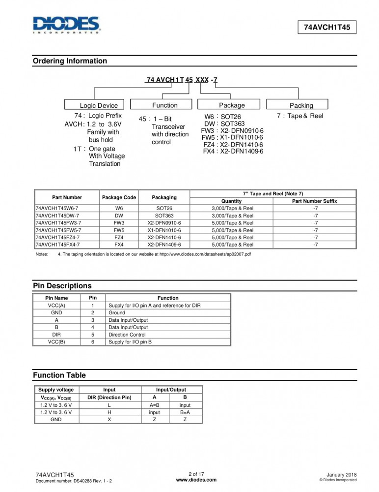 74AVCH1T45DW-7 technical document page 2