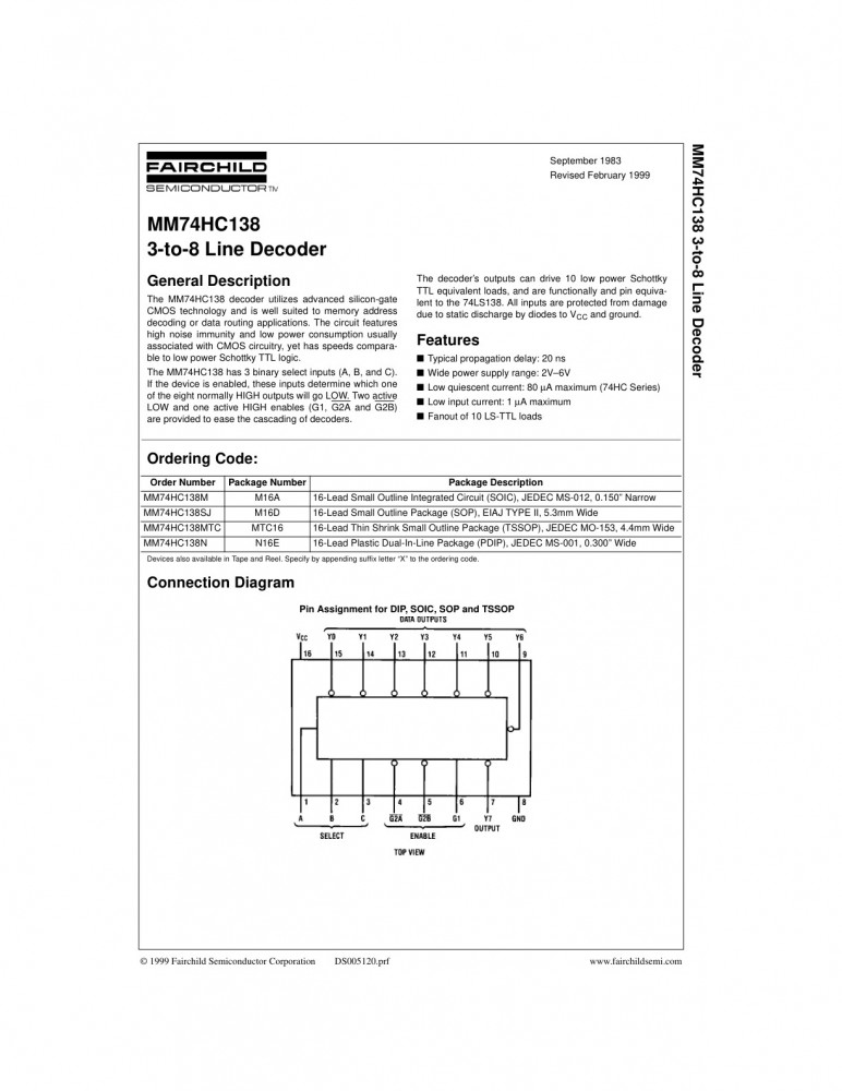MM74HC138 datasheet page 1