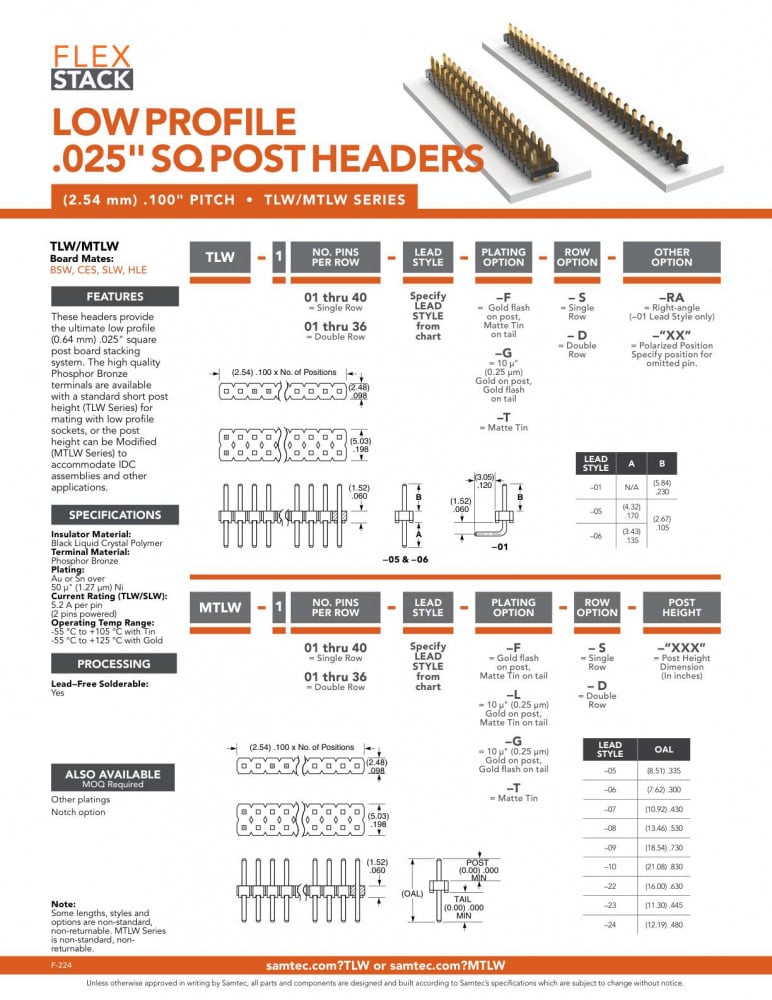 Samtec low-profile square post header technical document preview