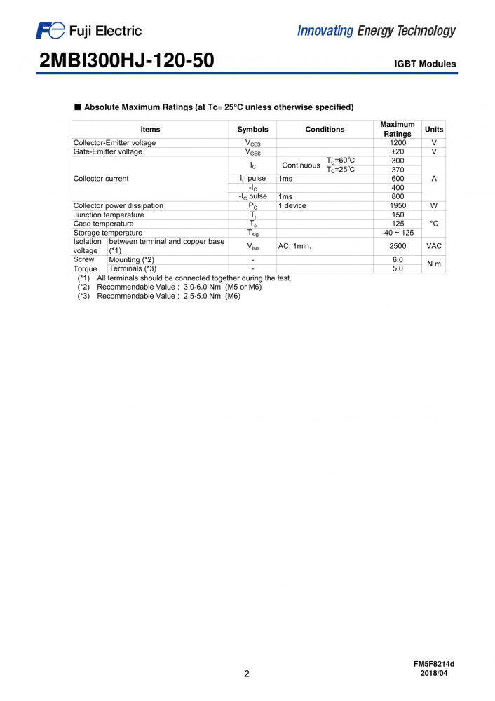 2MBI300HJ-120-50 technical document page 2