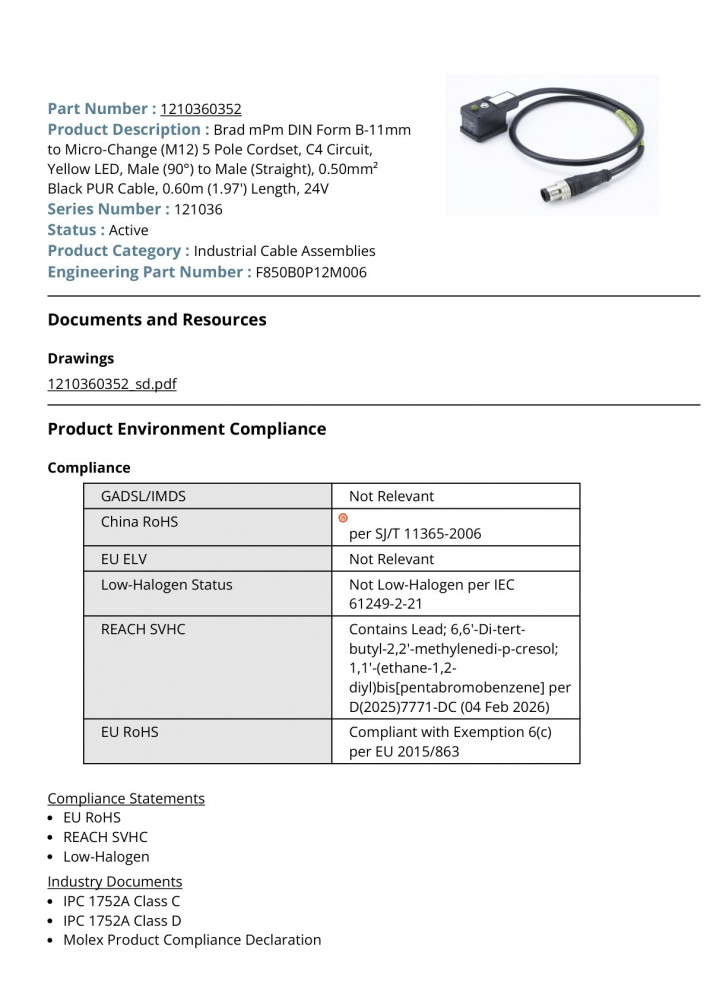 MOLEX M12 cordset drawing page 1