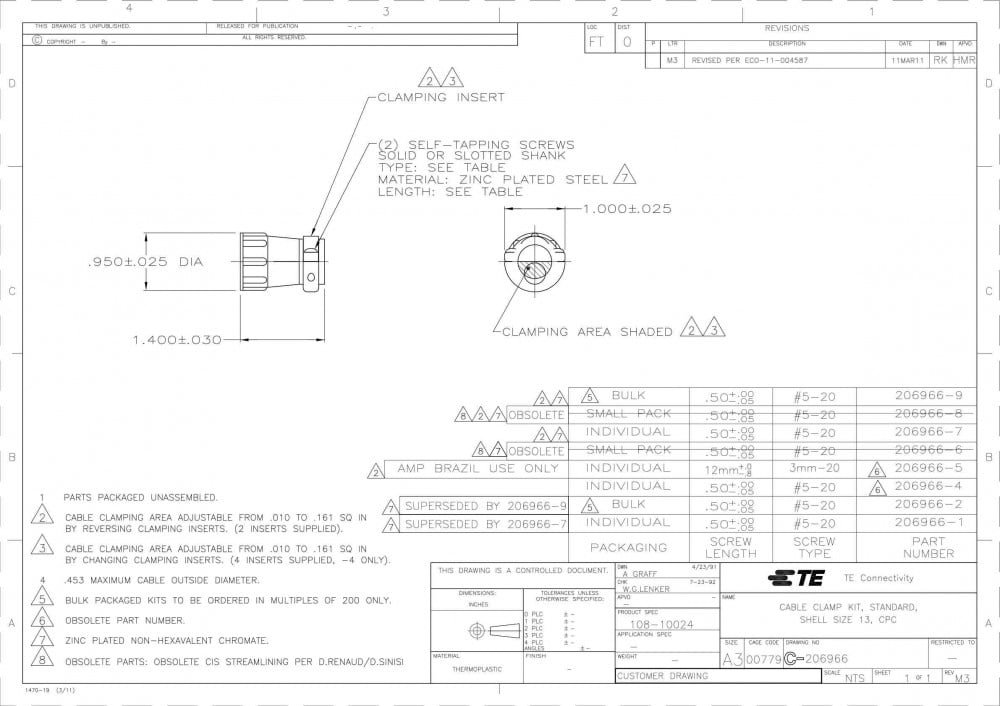 TE Connectivity 206966 cable clamp kit customer drawing