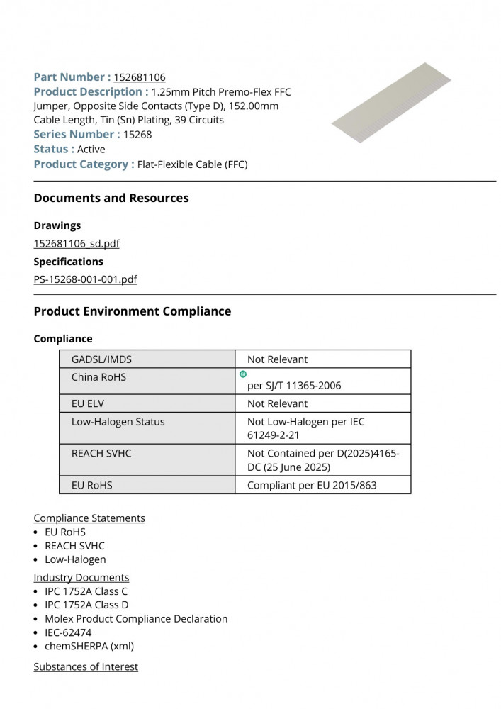 MOLEX 1.25 mm pitch FFC product specification, page 1