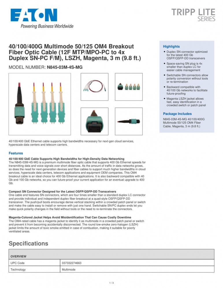 EATON N845-03M-4S-MG technical document page 1
