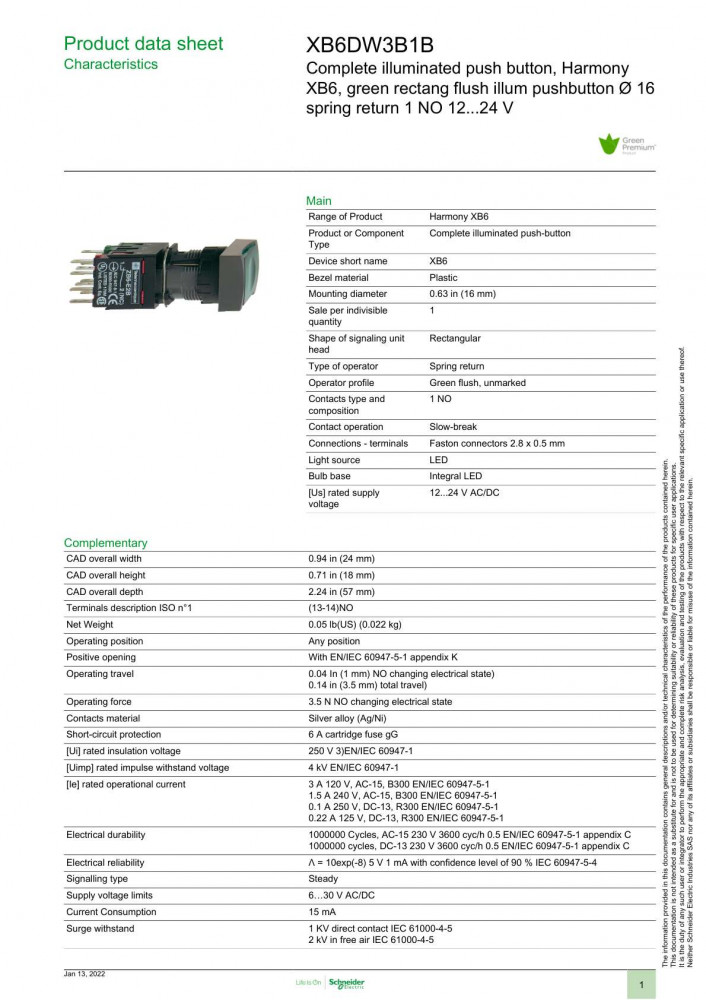 XB6DW3B1B technical document page 1
