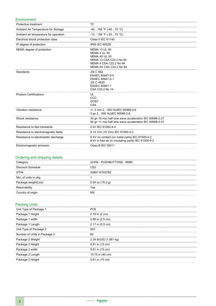 XB6DW3B1B technical document page 2