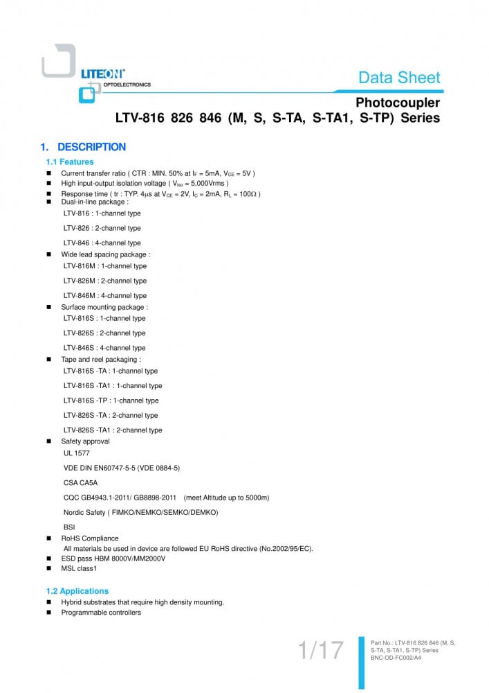 LITEON LTV-826S-TA1 datasheet page 2