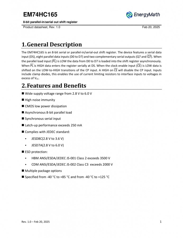 EM74HC165PW datasheet page 1