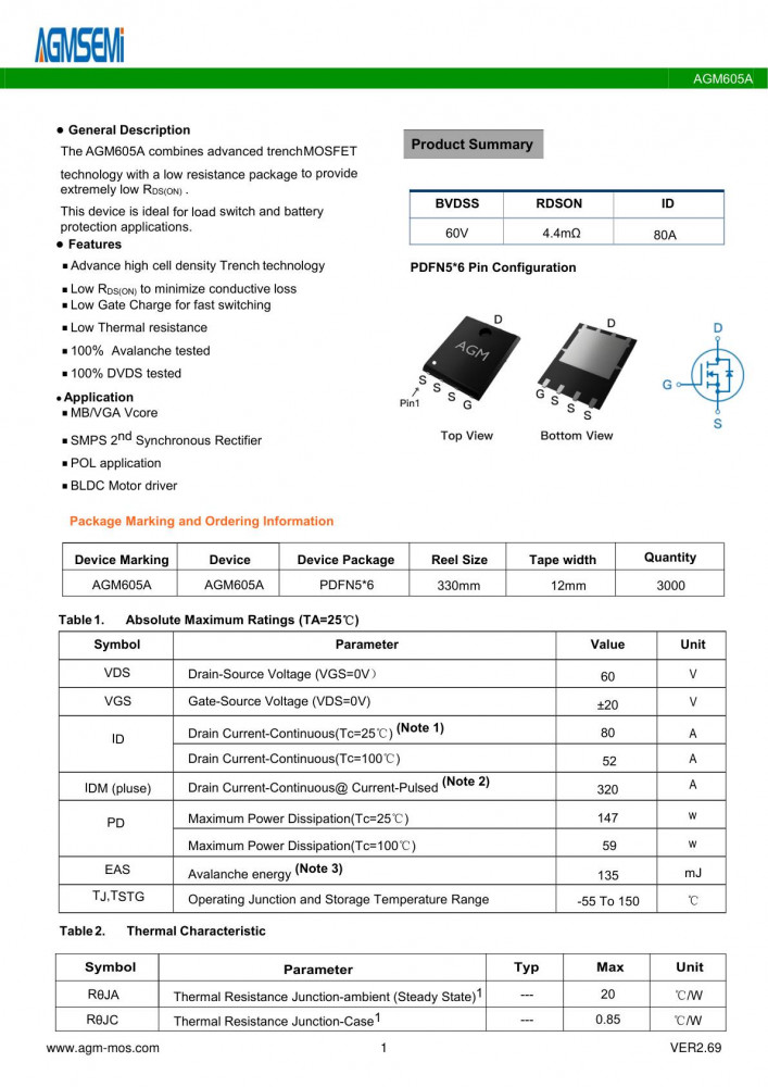 AGM605A datasheet page 1