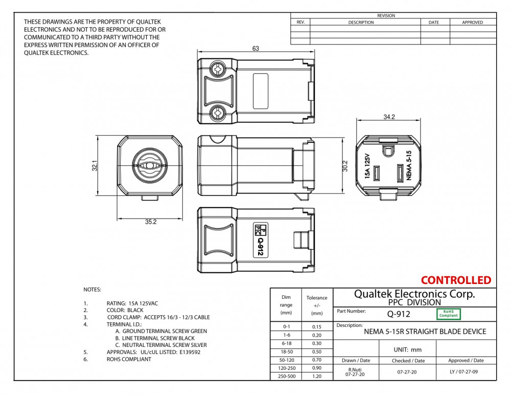 Q-912 NEMA 5-15R straight-blade device product drawing