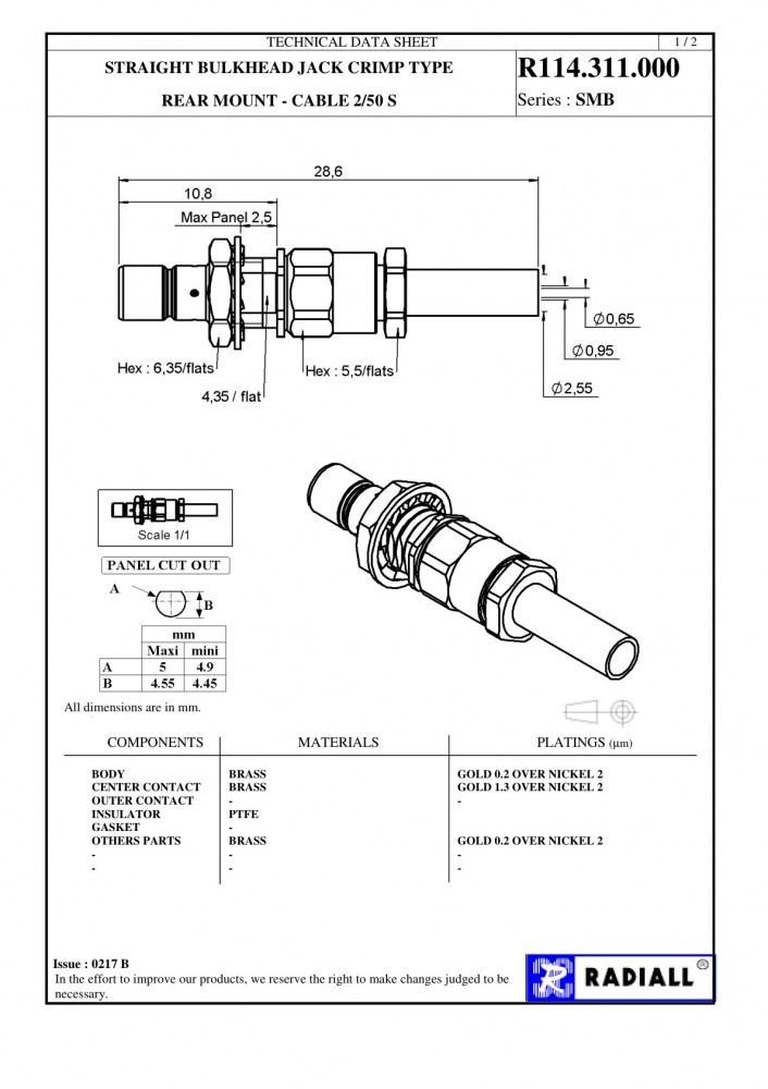 Radiall R114311000 technical data sheet, page 1