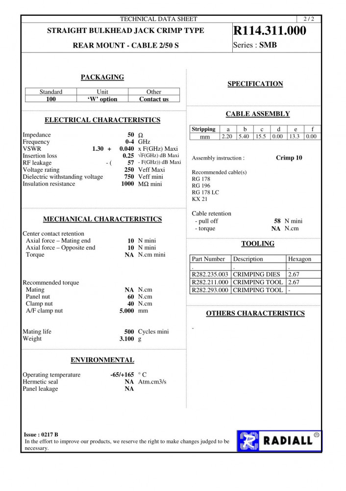 Radiall R114311000 technical data sheet, page 2