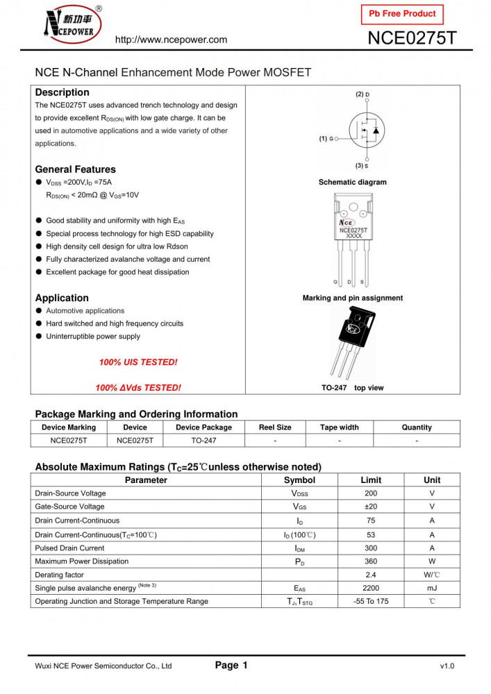 NCE0275T datasheet page 1