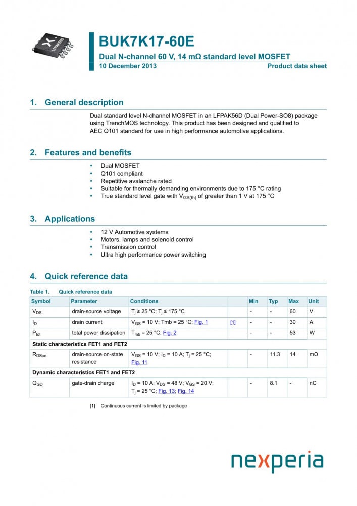 BUK7K17-60EX datasheet page 1