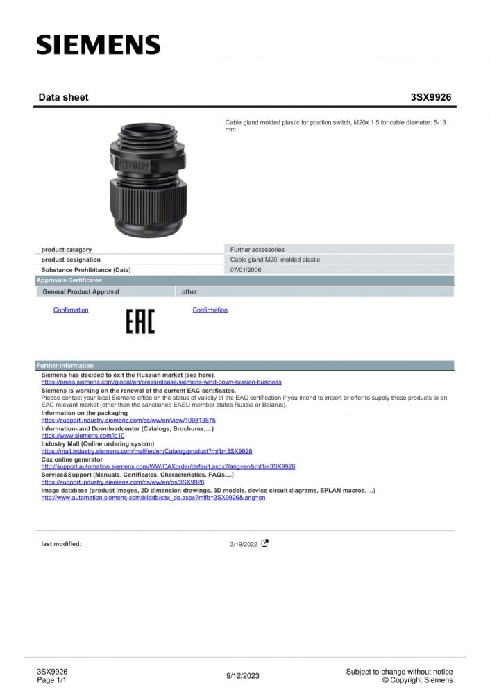 SIEMENS 3SX9926 technical document page