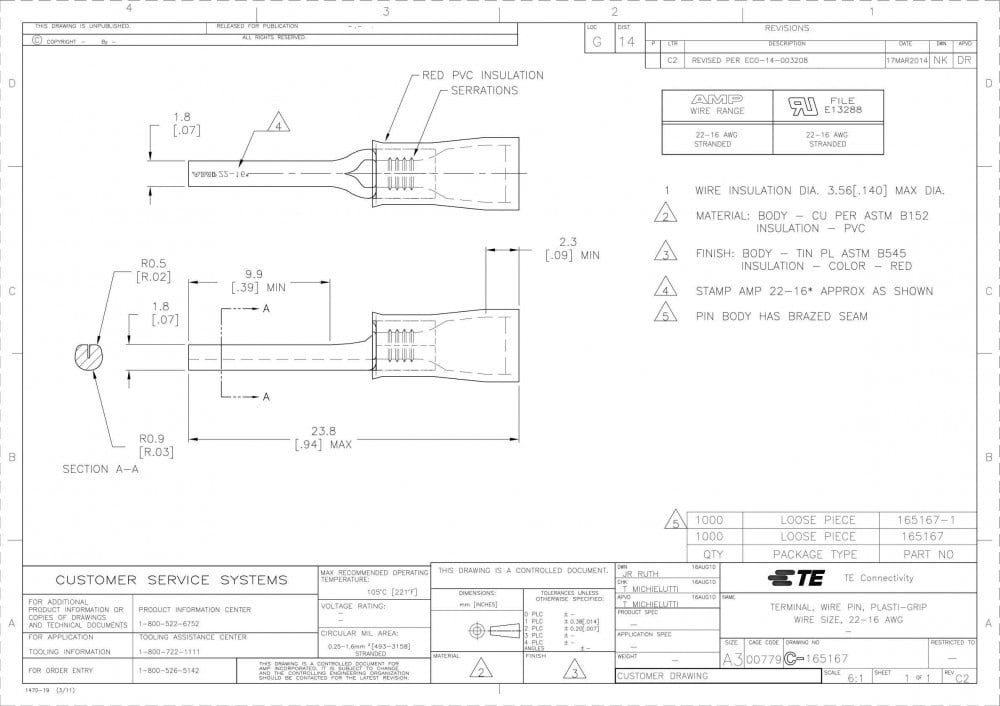 TE Connectivity 165167 customer drawing preview