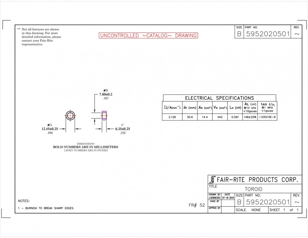 Fair-Rite 5952020501 technical document page