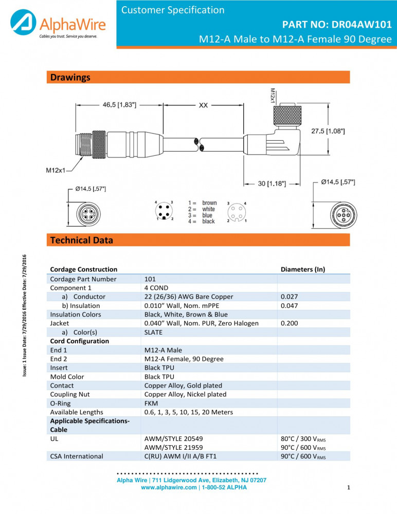 Alpha Wire DR04AW101 SL358 technical drawing and specification page 1