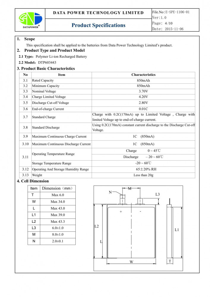 DTP603443 product specification page 4