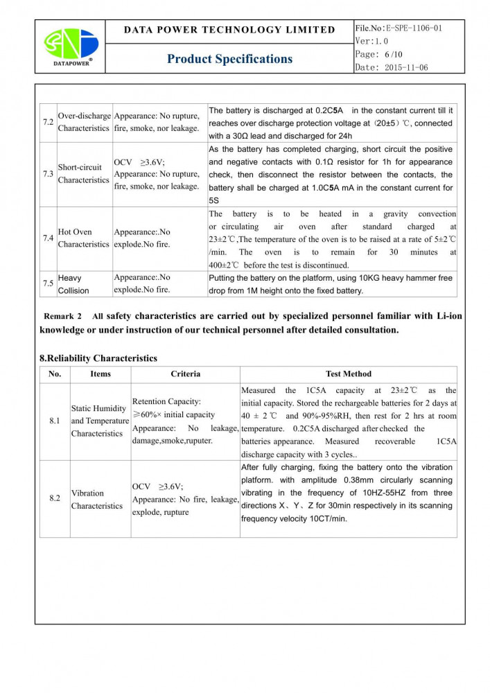 DTP603443 product specification page 6