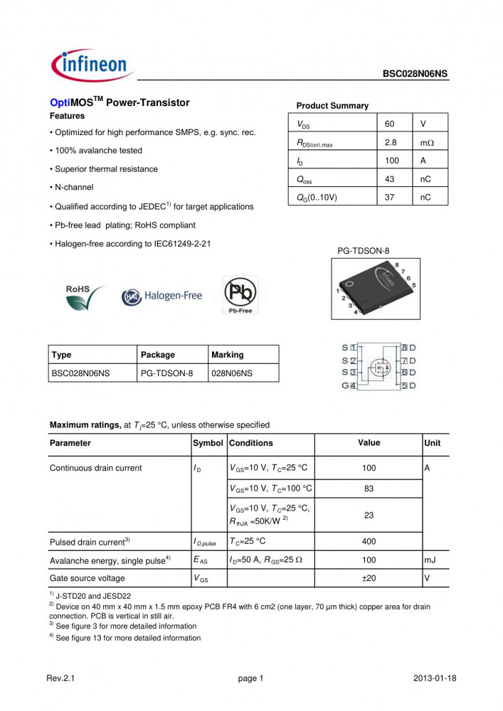 BSC028N06NS datasheet page 1