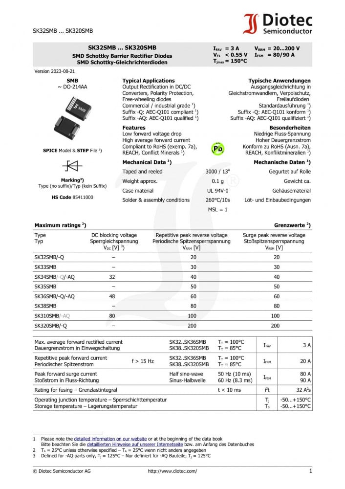 DIOTEC SK320SMB datasheet page 1