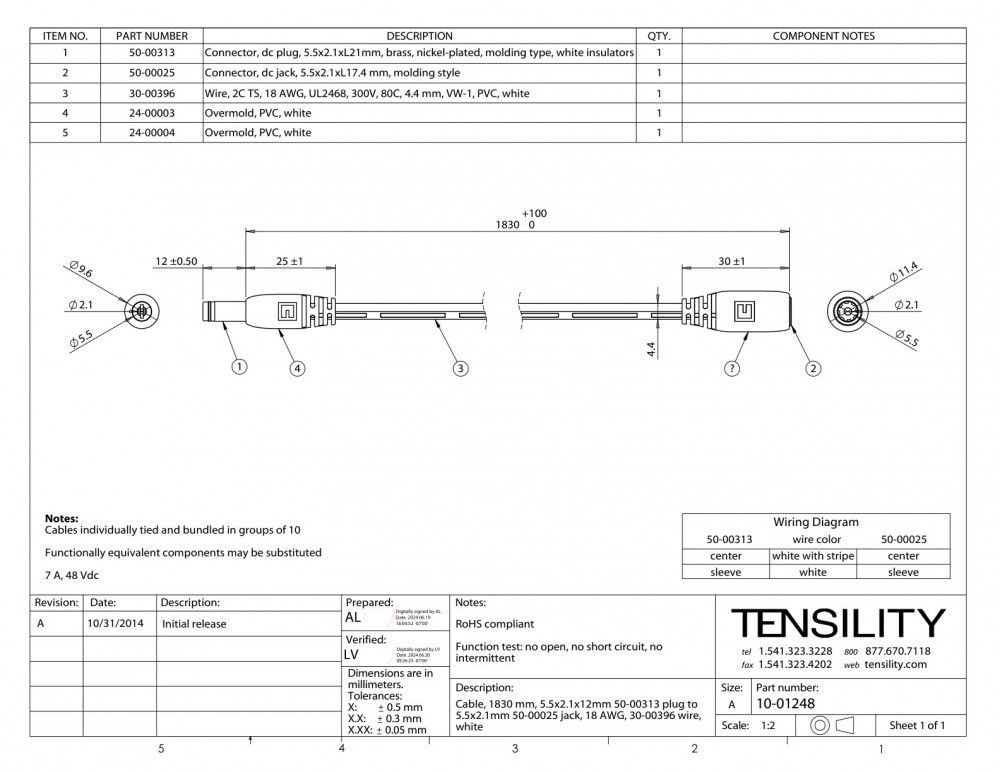 Tensility International 10-01248 cable assembly technical drawing