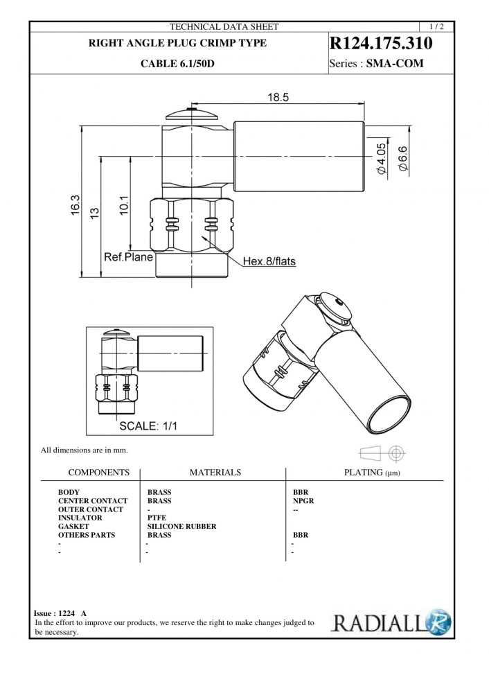 Radiall R124175310 technical document, page 1