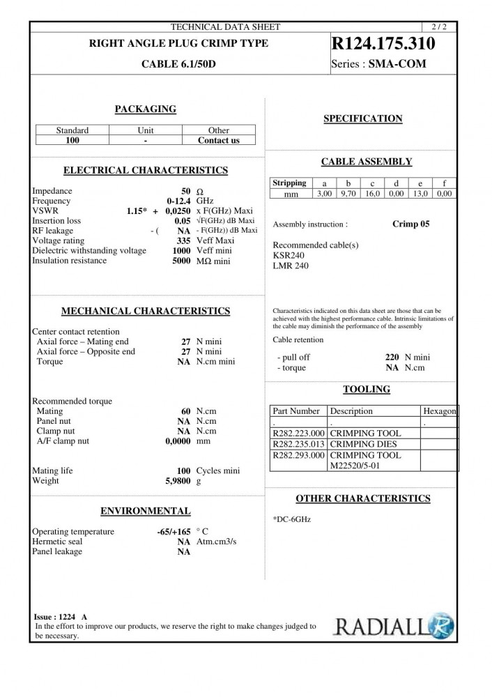 Radiall R124175310 technical document, page 2