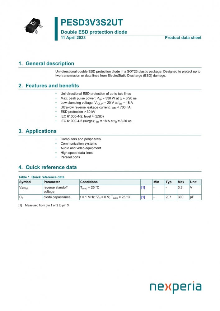 PESD3V3S2UT datasheet page 1