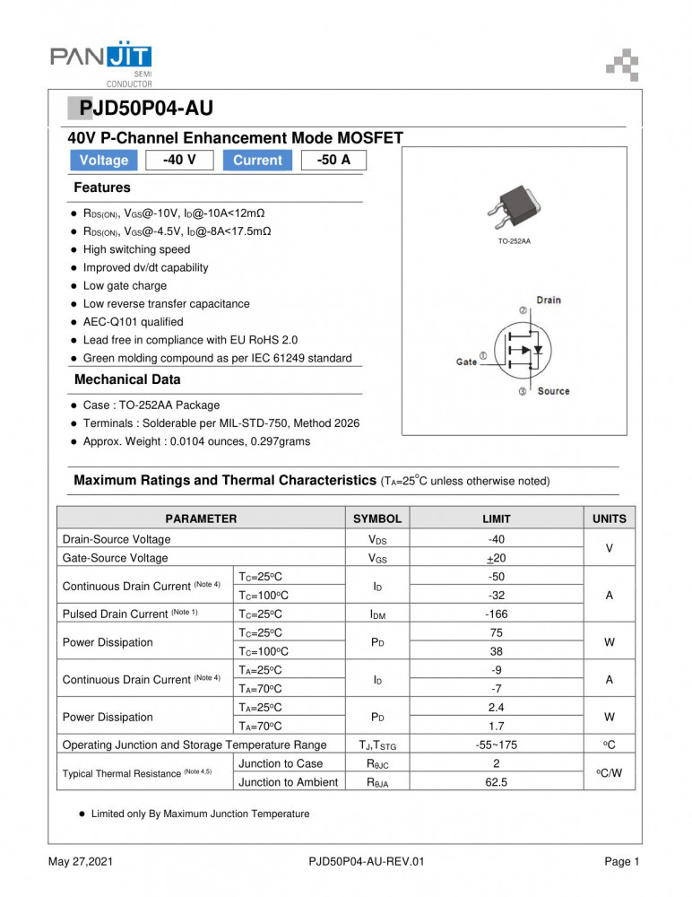 PJD50P04-AU datasheet page 1