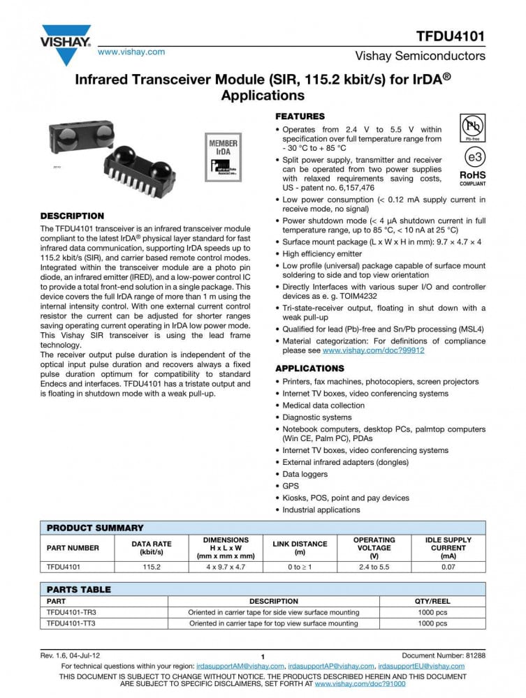 TFDU4101 datasheet page 1