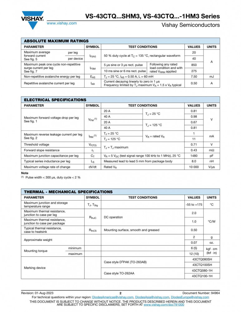 VS-43CTQ100 datasheet page 2