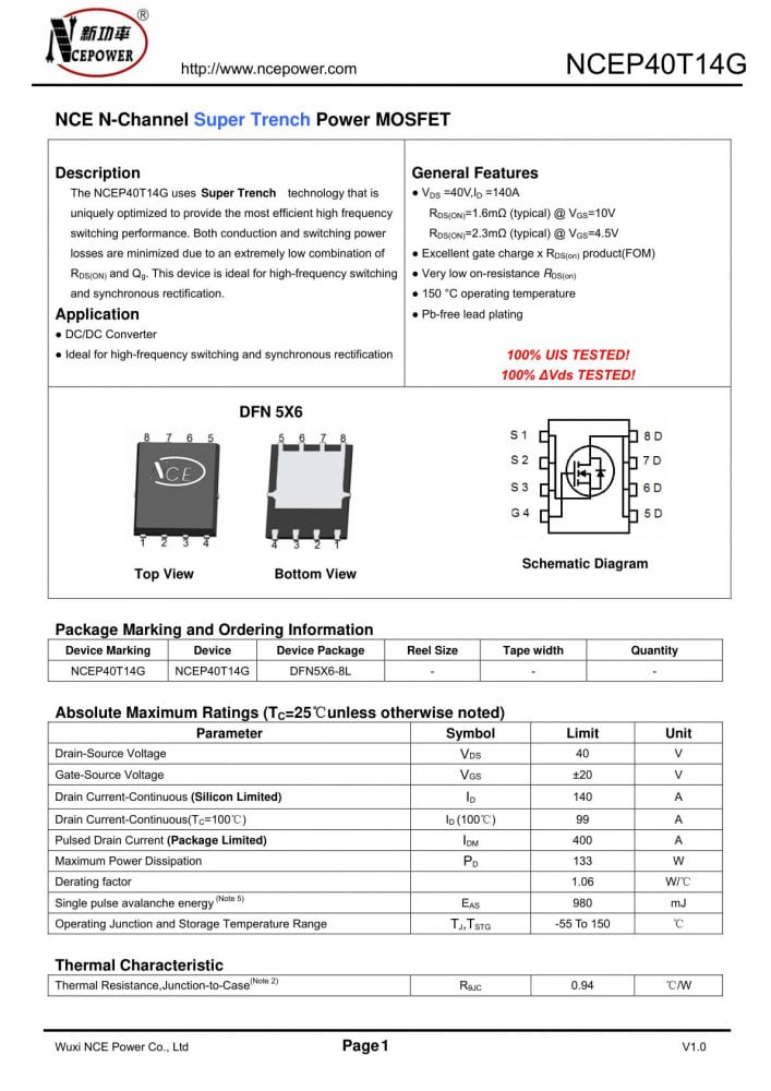 NCEP40T14G datasheet page 1