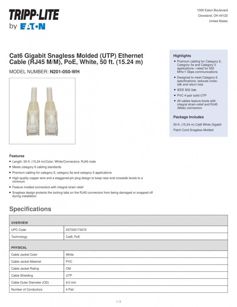 N201-050-WH technical document page 1