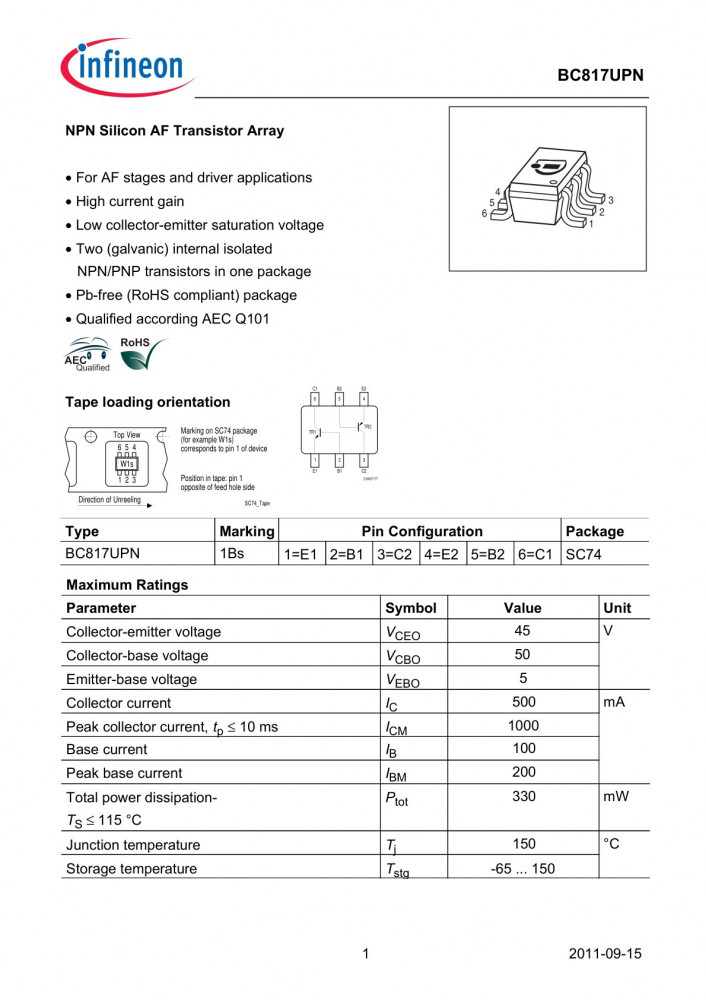 BC817UPNE6327HTSA1 datasheet page 1