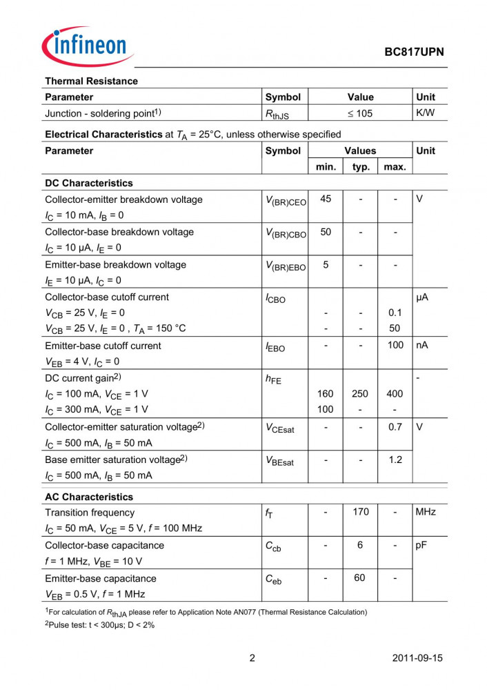 BC817UPNE6327HTSA1 datasheet page 2
