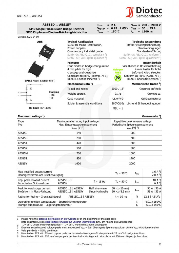 DIOTEC ABS15 series datasheet page 1