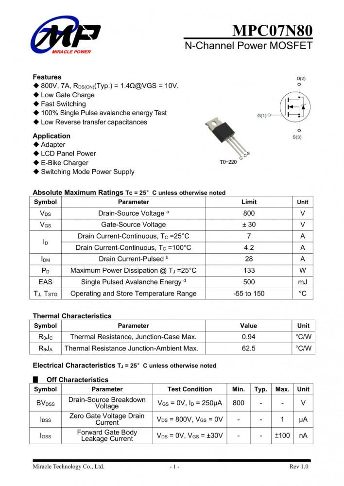 MPC07N80 datasheet page 1