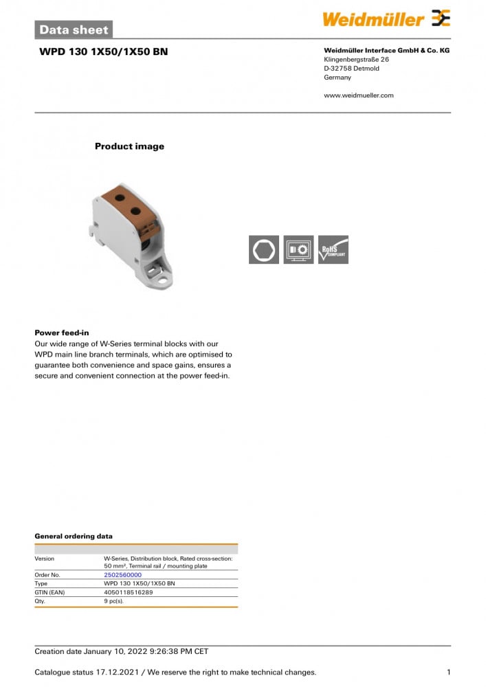 WEIDMULLER 2502560000 datasheet page 1