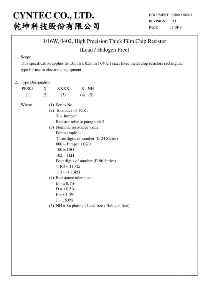 PFR05S-201-FNH datasheet page 1