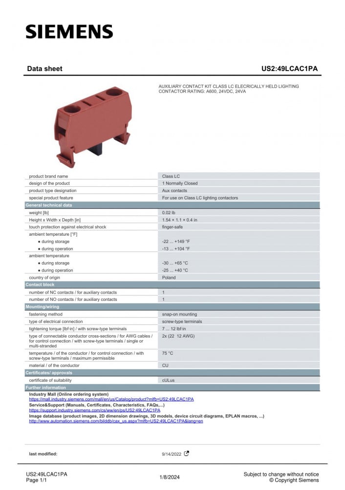 SIEMENS 49LCAC1PA technical document page