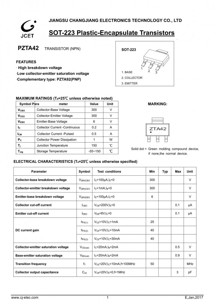 PZTA42 datasheet page 1
