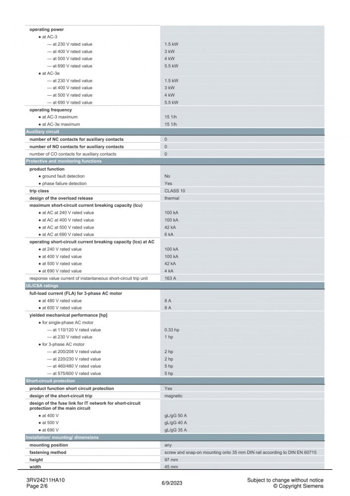 3RV24211HA10 datasheet page 2